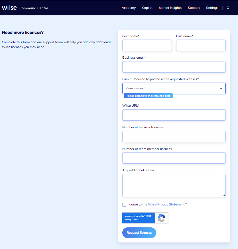 Add additional licenses from the Wiise Command Centre